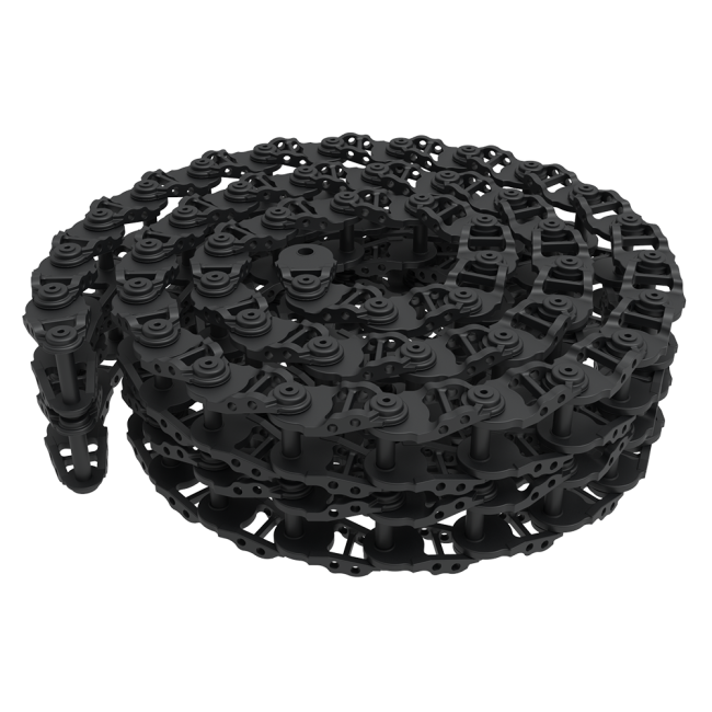 Excavator track link for PC300 model showing heat-treated black surface