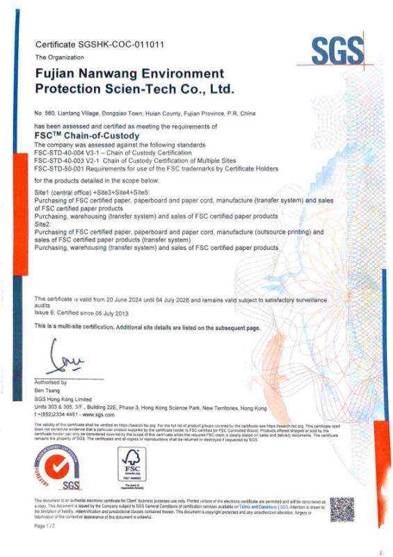 FSC-COC - Fujian Nanwang Environment Protection Scien-tech Co., Ltd