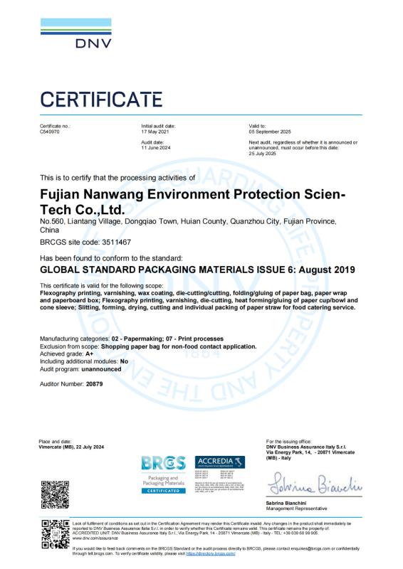BRCGS - Fujian Nanwang Environment Protection Scien-tech Co., Ltd