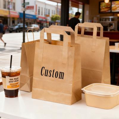 China Custom Brown Kraft Takeaway Food Paper Bag Flat Handle Restaurant Delivery Carry Bag Featuring Your Own Logo Craft Photo Frame for sale