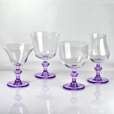 China 4‑Pack Vintage Purple Stem Wine Glasses, Assorted Shapes Clear Cup with Decorative Purple Stem, Handblown Glass Goblets for Wedding Party Home Tabletop Decoration for sale