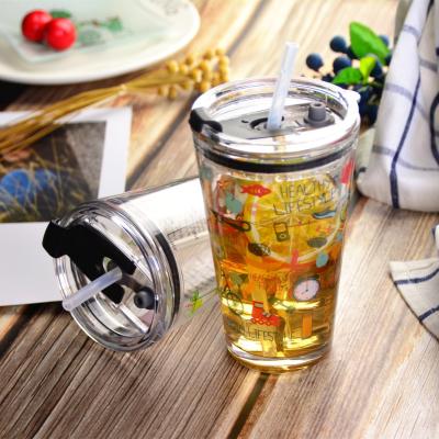 China Decorated Pint Ice Tea Glass Cup With Lid And Silicate Straw Cocktail Tumbler Drinking Glasses for sale