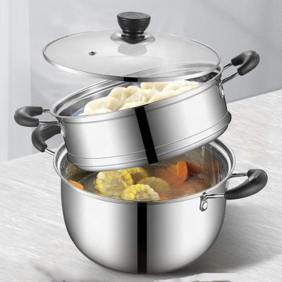 China Hot Selling Kitchen Silver Cooking Soup Pot 304 Stainless Steel Steamer Pot Induction Stock Pot With Glass Lid for sale