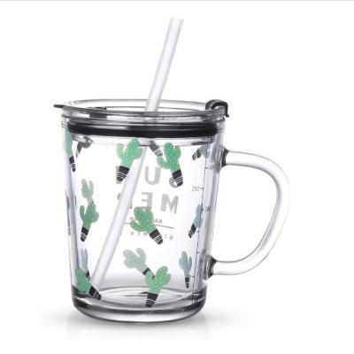 China 14oz Clear Thicken Glass Mugs with Handle and Lid silicon Straw for sale