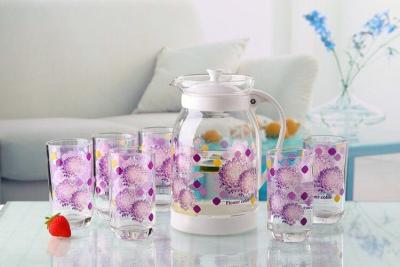 China wholesale classic 6pcs flower logo soda-lime glass jug and cup set for home using for sale