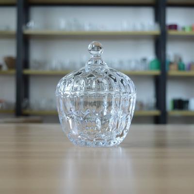 China unique Shape Glass Candy Canisters engraved glass candy jar with lid glass storage jar for containing food sugar for sale