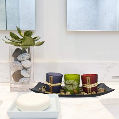 China Artis Set of 3 Tea Light Votive Glass Candle Holders with Tray and Decorative Pebbles – Nature Zen Design for sale