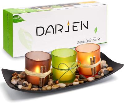 China Tea Light Candle Holders Home Decorations for Living Room, Table Centrepieces Gift Set with Wooden Tray 3 LED TeaLights for sale