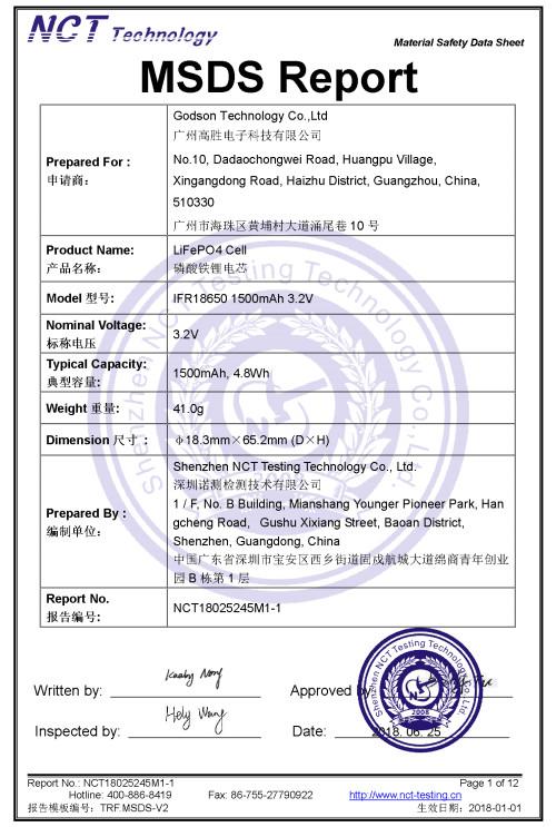 MSDS for LiFePO4 Battery - Godson Technology Co., Ltd