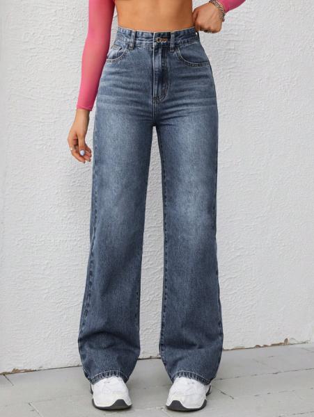 Quality Dark blue high-waisted straight-leg jeans for women for sale