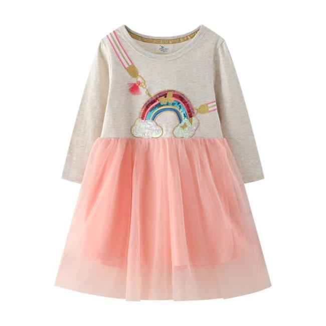 Girls Rainbow Tulle Dress Long-Sleeve Children Cute Dress Casual Dress 2-7y