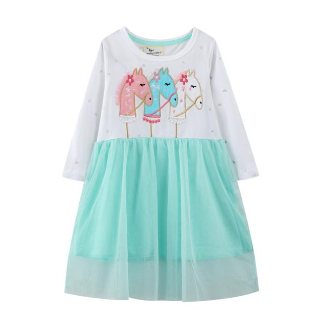Girls Rainbow Tulle Dress Long-Sleeve Children Cute Dress Casual Dress 2-7y
