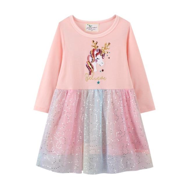 Girls Rainbow Tulle Dress Long-Sleeve Children Cute Dress Casual Dress 2-7y