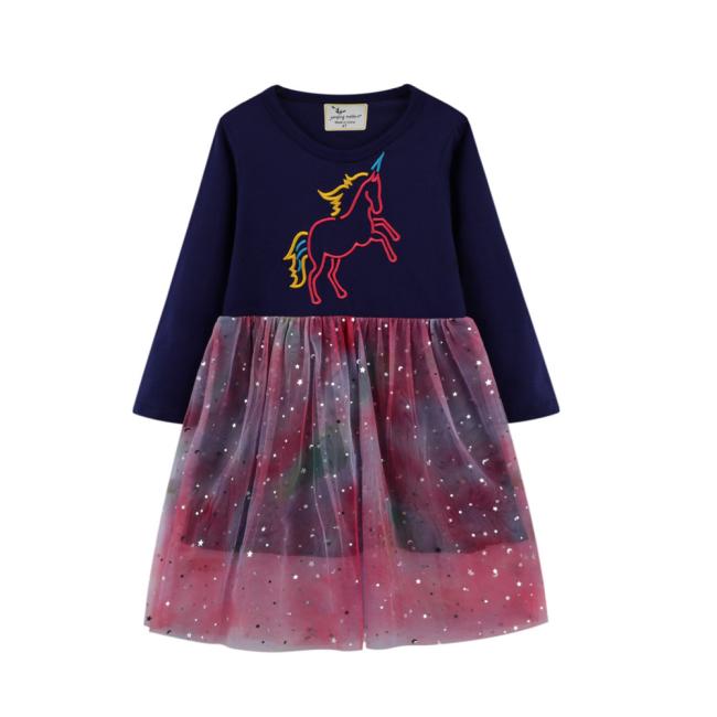 Girls Rainbow Tulle Dress Long-Sleeve Children Cute Dress Casual Dress 2-7y