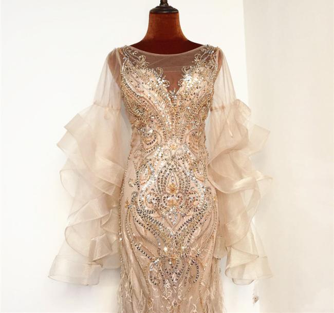 Hot Selling Sequined Sex Beading Ball Dress Luxury Feather Evening Party Dress Mermaid Bridesmaid Gowns Plus Size
