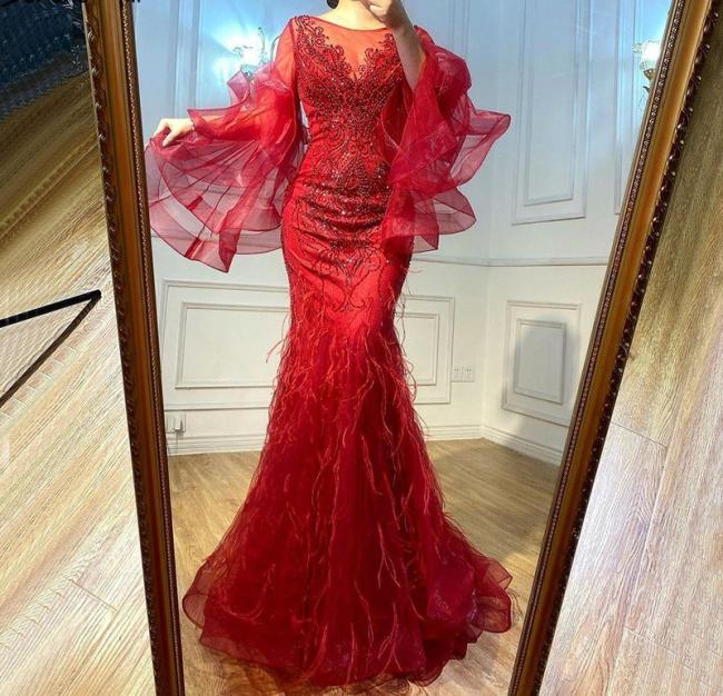 Hot Selling Sequined Sex Beading Ball Dress Luxury Feather Evening Party Dress Mermaid Bridesmaid Gowns Plus Size