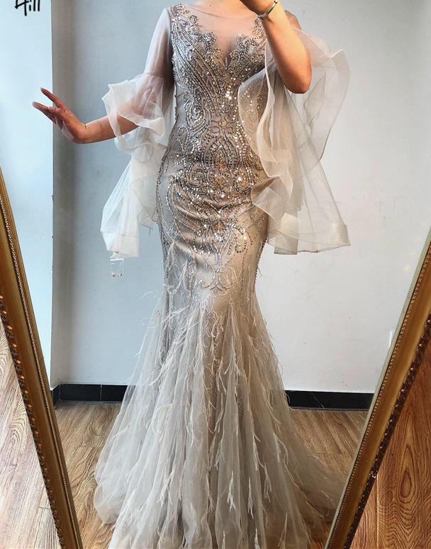 Hot Selling Sequined Sex Beading Ball Dress Luxury Feather Evening Party Dress Mermaid Bridesmaid Gowns Plus Size