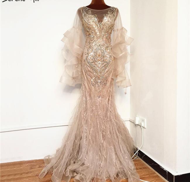 Hot Selling Sequined Sex Beading Ball Dress Luxury Feather Evening Party Dress Mermaid Bridesmaid Gowns Plus Size