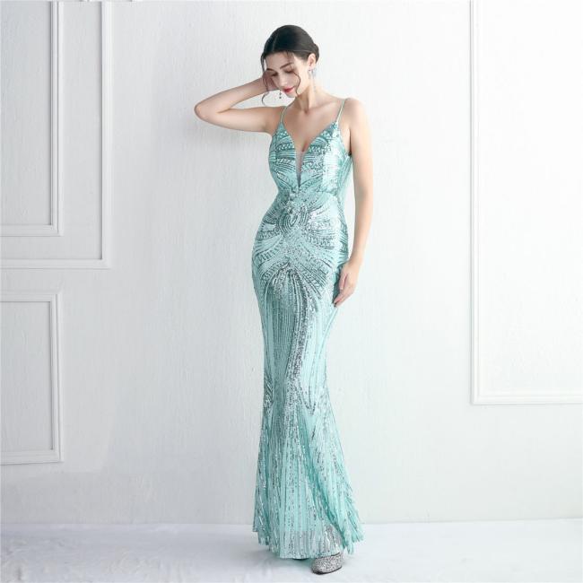 2023 New High Quality Evening Party Prom Women Dress Sequin Split Skirt Women Sexy Skinny Wedding Dress