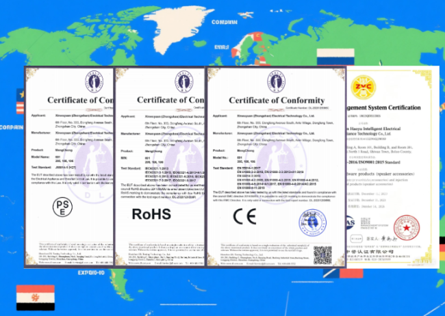 International quality certifications including CE, FCC, RoHS