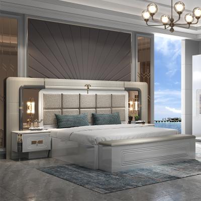 China Hoogwaardig modern dubbel houten frame king size bed Hout verlicht hoofdbord Meesterkamer Luxe Volledige slaapkamer meubelset Te koop