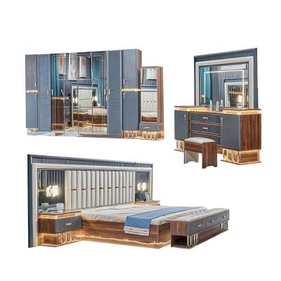 China Hoogwaardige moderne houten king size dubbelbed set lederen hoofdplank hout luxe huismeubelen slaapkamer sets Te koop