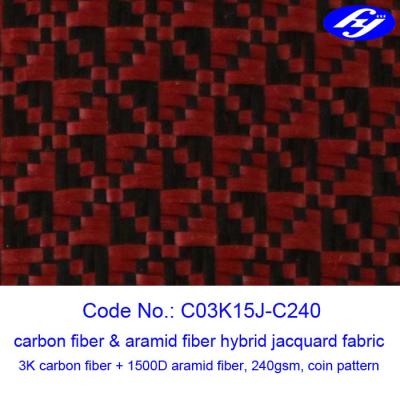 Cina Tessuto nero/rosso del tessuto di Aramid del carbonio del modello della moneta del jacquard del carbonio di Aramid dell'ibrido in vendita