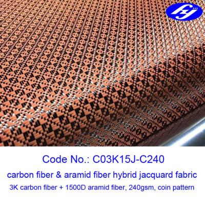 Cina Tessuto nero/rosso del tessuto di Aramid del carbonio del modello della moneta del jacquard del carbonio di Aramid dell'ibrido in vendita