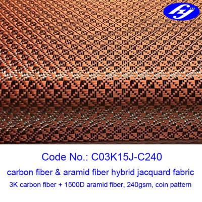 Cina Tessuto nero/rosso del tessuto di Aramid del carbonio del modello della moneta del jacquard del carbonio di Aramid dell'ibrido in vendita