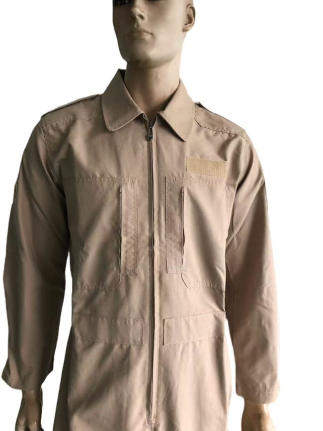 Front view of fireproof work uniform showing multiple pockets