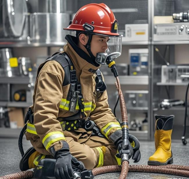 Worker wearing fireproof uniform in laboratory