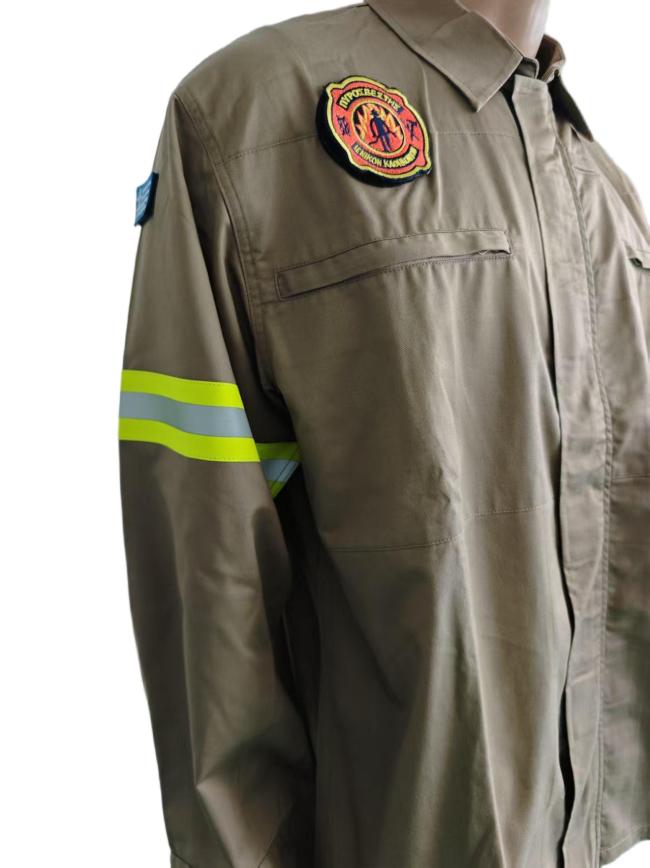 Close-up of reflective strips on firefighter jacket