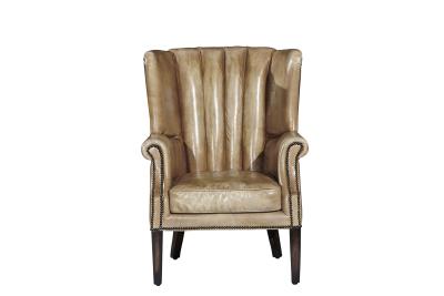 China Wooden Legs Leather Wingback Chair , High Back Living Room Chair Water Wash Leather for sale