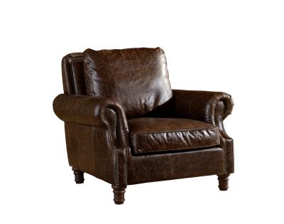 China Soft Top Grian Leather High Back Wing Chair , Single High Back Lounge Chair With Nail Head for sale