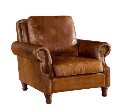 China Retro Brown High Back Leather Armchair Hard Solidwood Frame American Style for sale