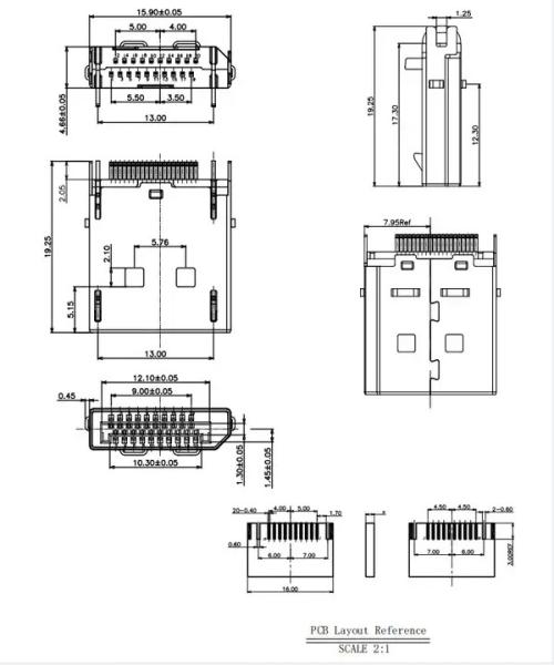 黄金塗装 ディスプレイポート DP 男性コネクタ 1.6MM PCB DP 20Pin 男性コネクタ
