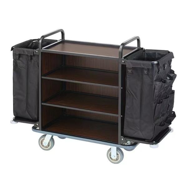 Quality Armrests Fold Hotel Housekeeping Cart Room Attendant Trolley With Stainless Steel Edges for sale