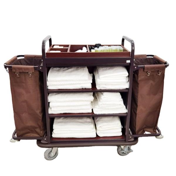 Quality Metal Maid Hotel Cleaning Trolley , Convenient Steel Room Service Carts For Hotels for sale