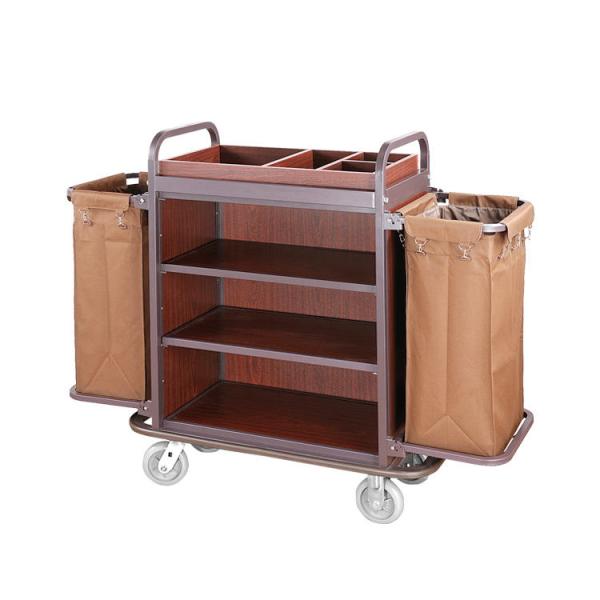 Quality OEM Painted Metal Hotel Service Trolley Cleaning Cart With Wood Fireproof Panels for sale