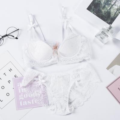 China Lace Sexy Thin Model Womens Triangle Bra Panty Set Underwire Gather Translucent for sale