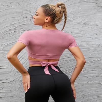 China Sexy Open Navel Sport Short Sleeve Stretch Thin Tight Yoga Shirt Top Quick Drying T-Shirt Womens Fitness Tops for sale