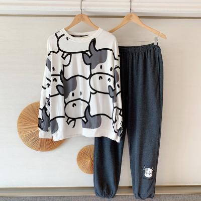 China Printed cow long sleeve girl pajamas for ladies leisure wear pajamas 2 piece pajama set for sale