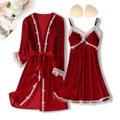 China New autumn winter two piece pajama sets lace sexy nightgown velvet women robes for sale