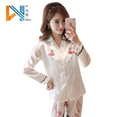 China custom printed flamingo lapel lady home life leisure sleepwear set long sleeve button closure night wear women pajamas for sale