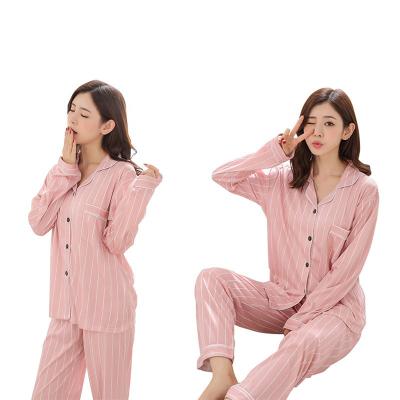 China Long Sleeves Striped Loungewear Set Home Sleepwear Top And Elastic Waist Pants Button Down Pink Pajama Set Women M-XXL for sale