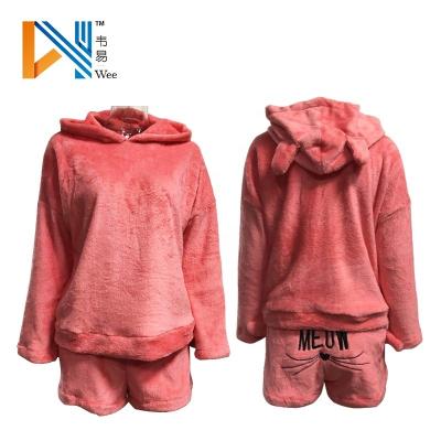 China homewear winter thick fleece two piece set cute cat hoodie pajamas for night sleep wear for sale