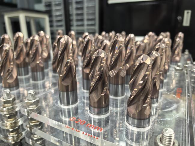 Close-up of 4-flute ball nose end mill cutting edge