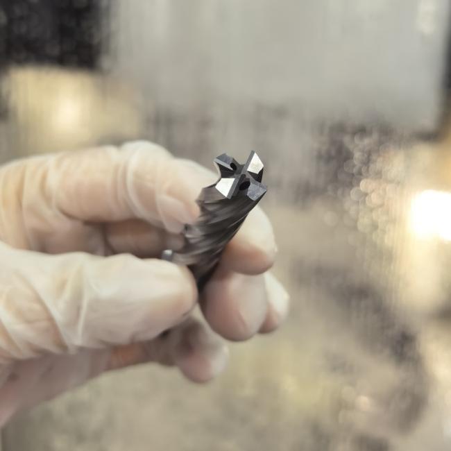 AMG Solid HM Flat Bottom Drill showing precision cutting edges and coolant channels