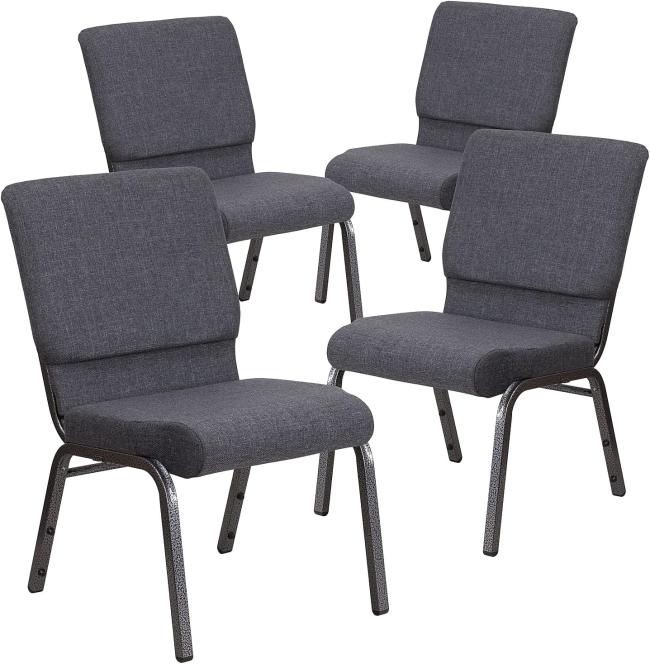 Close-up view of church chair showing fabric and metal construction