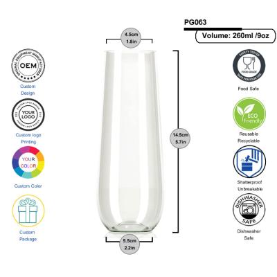 Cina 9oz Champagne Flutes Glasses Stemless di plastica BPA libero in vendita